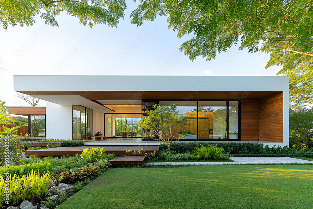modern one-story house with an open floor plan, featuring two large ...