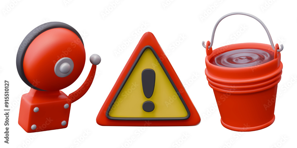 Round red fire alarm bell, metal bucket with water, triangular sign ...
