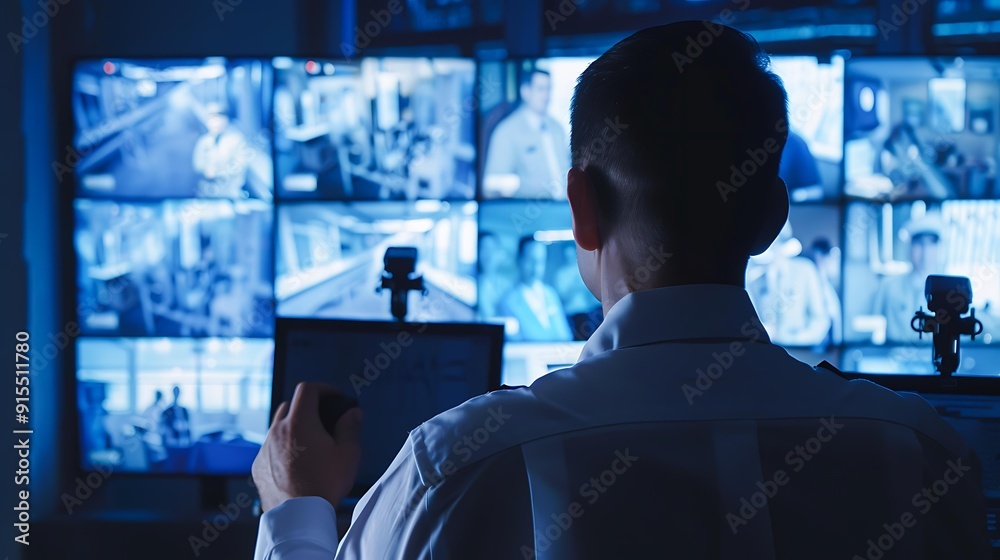 A security officer monitoring multiple surveillance screens in a dimly ...