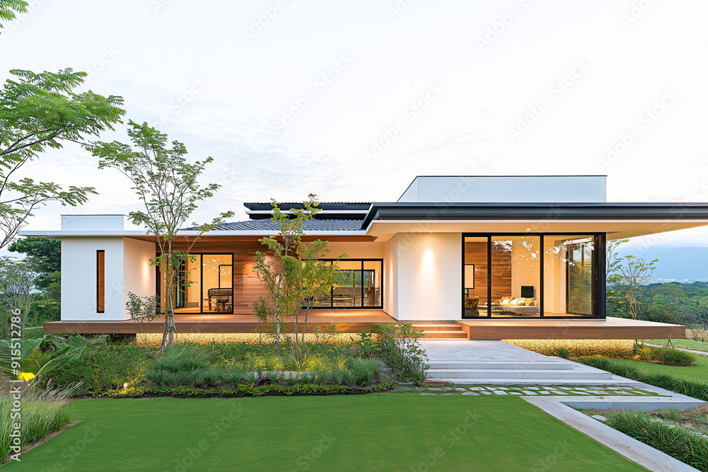 Modern one-story house with a large open space in front of the living ...