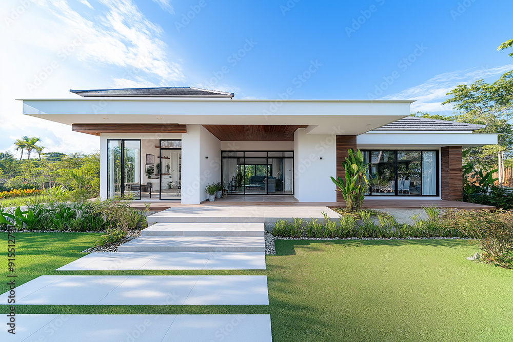 Modern one-story house with a large open space in front of the living ...