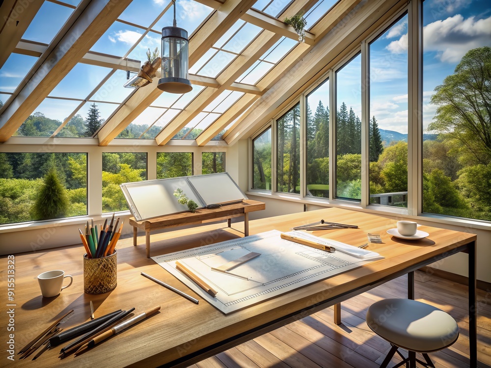 Architect's workspace with drafting table, ruler, pencil, and tracing ...