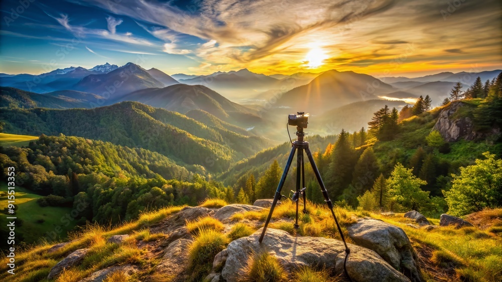 Serene mountainside landscape with modern camera and tripod setup ...
