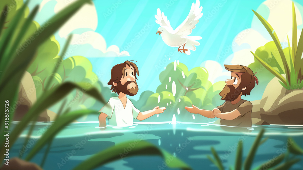 Jesus' Baptism in the Jordan River: Holy Spirit Dove in Cartoon Style ...