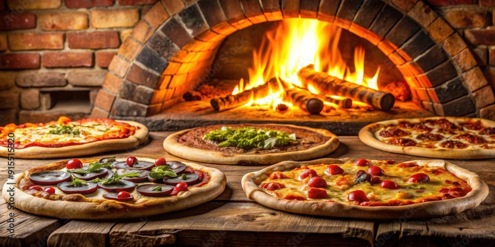 Variety of delicious pizzas on display in a wood-fired pizza oven ...