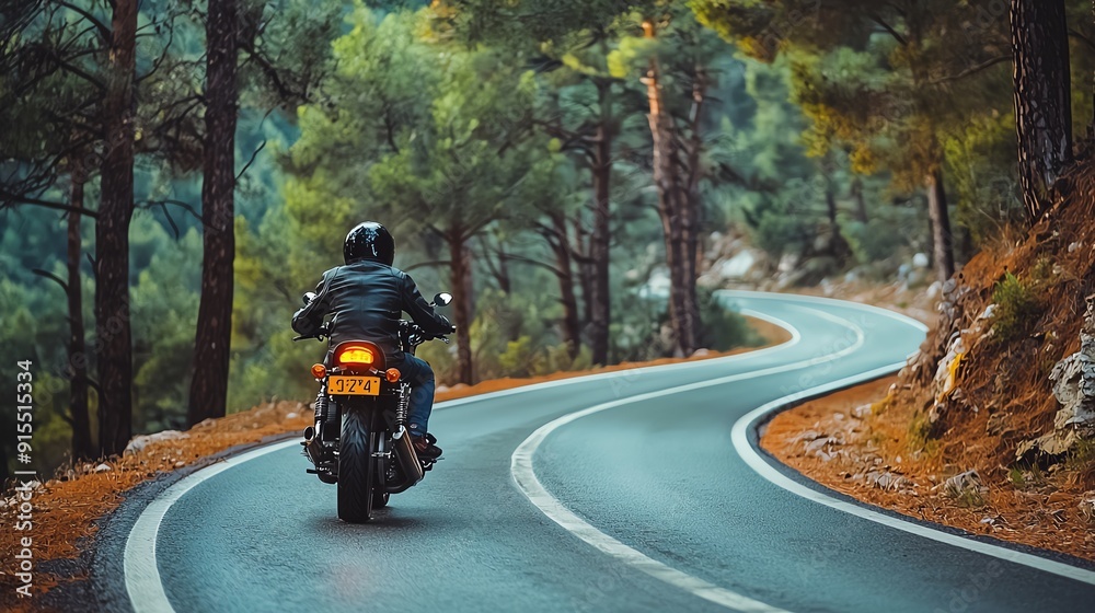 A rider on a motorcycle travels along a winding forest road, surrounded ...
