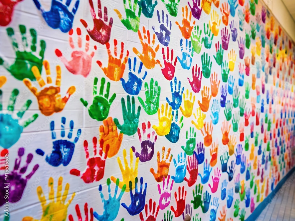 Colorful handprints of diverse kindergarteners cover a white wall ...