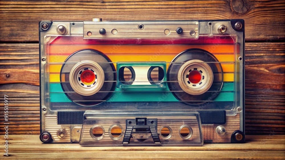 Vintage audio tape cassette, retro music player with colorful labels ...