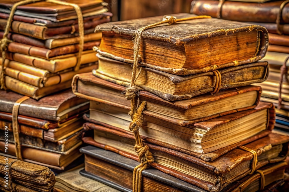 Vintage leather-bound tomes stacked precariously, overflowing with ...