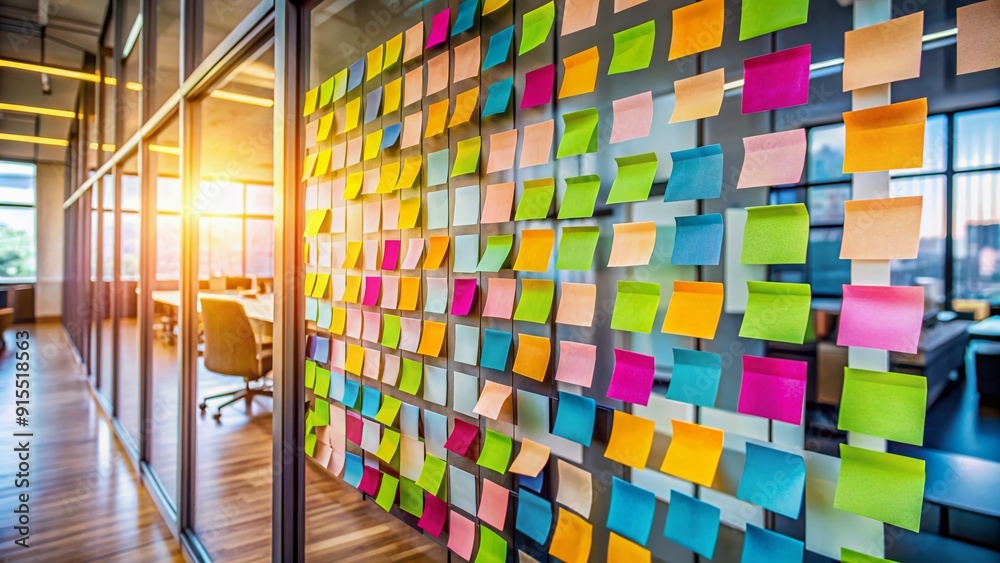 Vibrant sticky notes covering a wall, symbolizing creative ...