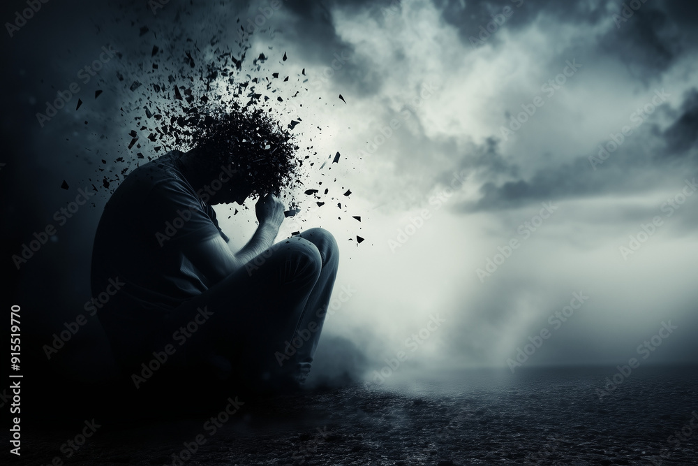 Artistic illustration of a man with his head in his hands, suffering ...