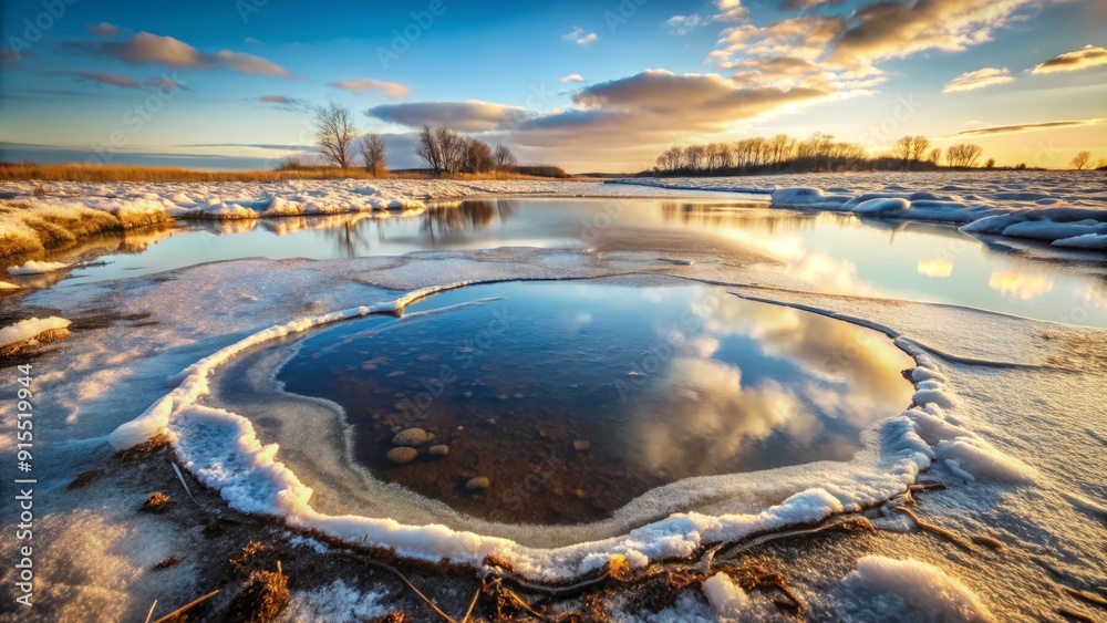 Frozen puddle on the barren earth, partially thawed, with a thin layer ...