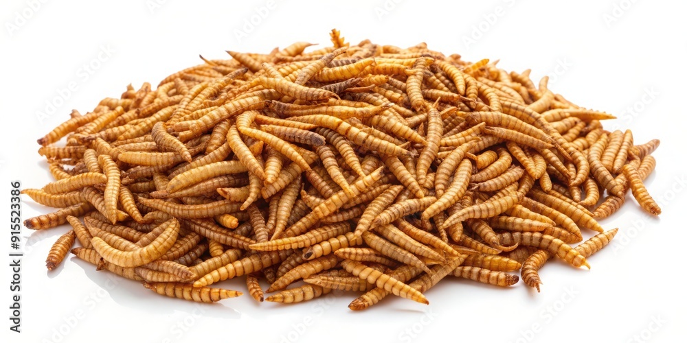 Heaps of dried mealworm larvae scattered on a pristine white background ...