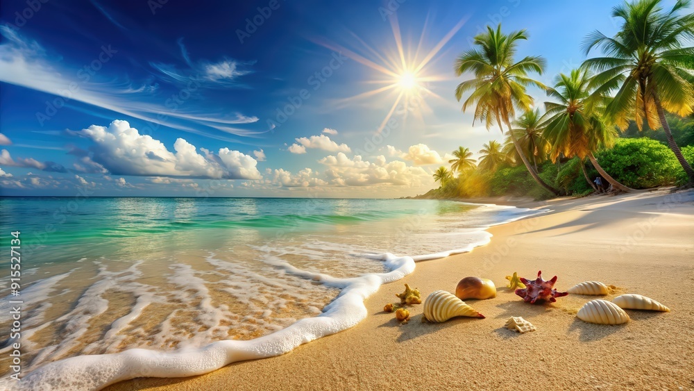 Sunny Beach With Sea Waves Golden Sand And Shells On A Paradise Island