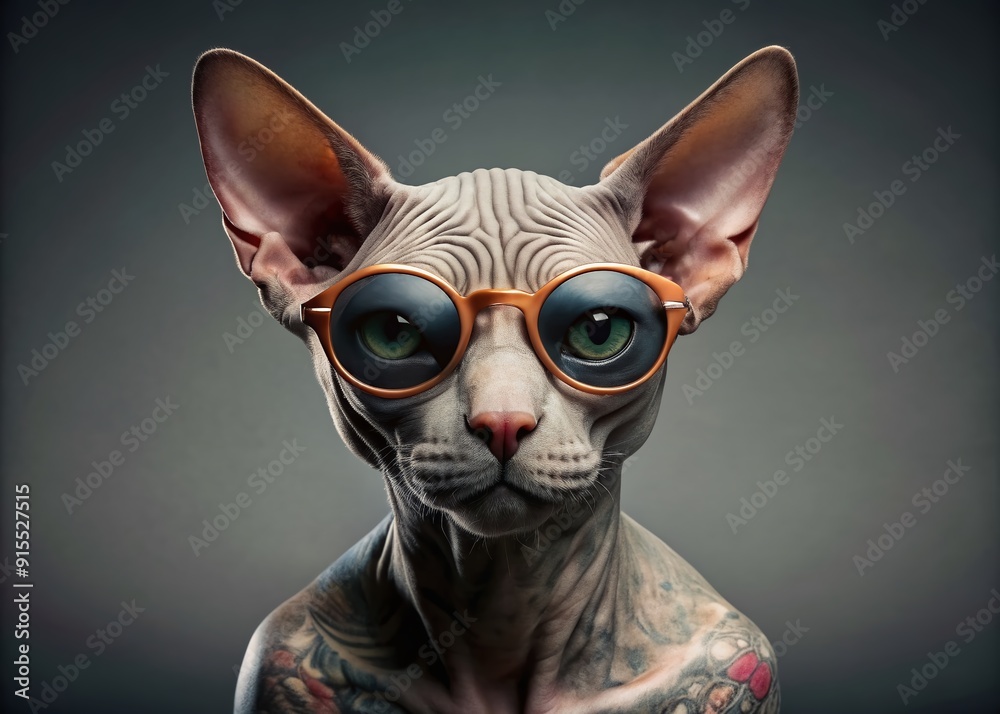 Stylish hairless sphynx cat with trendy tattoos and sunglasses lounges ...