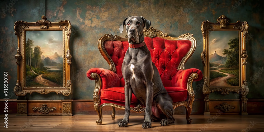 Elegant Great Dane sits beside a luxurious red velvet armchair in a ...