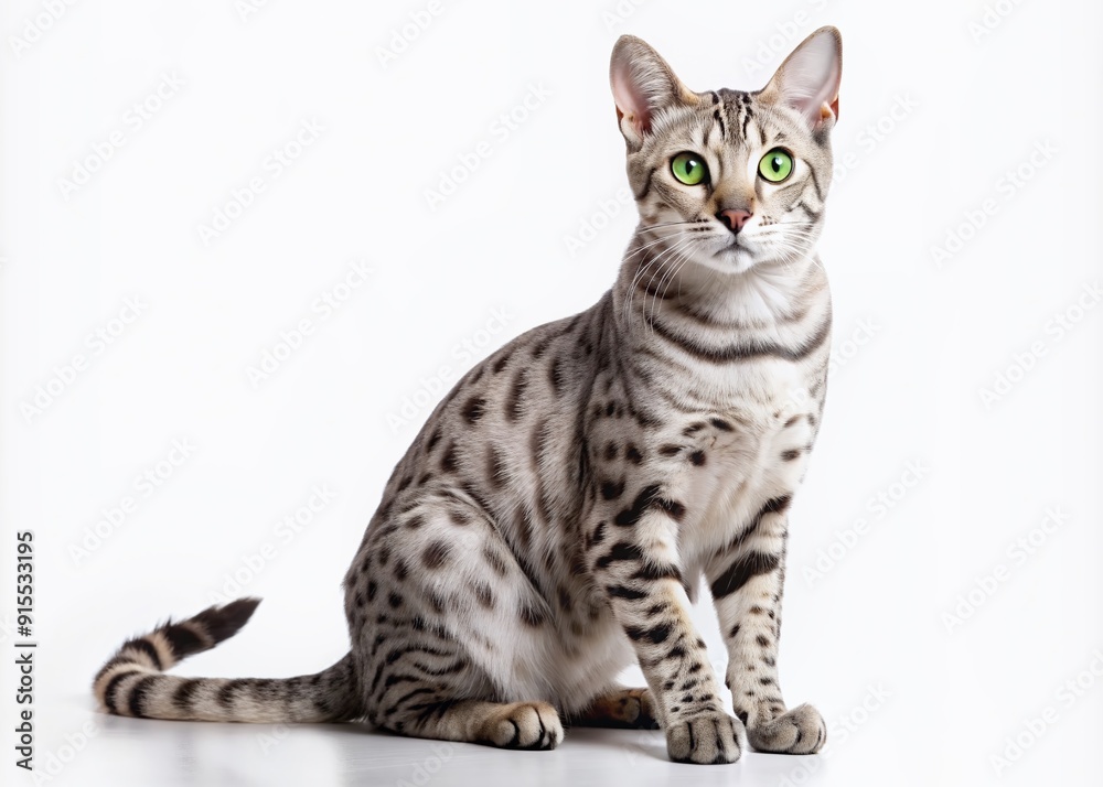 Egyptian Mau cat with distinctive spotted coat and large green eyes ...