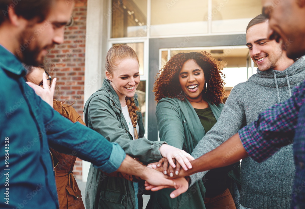 Smile, students and hands stack for support outdoor at university ...