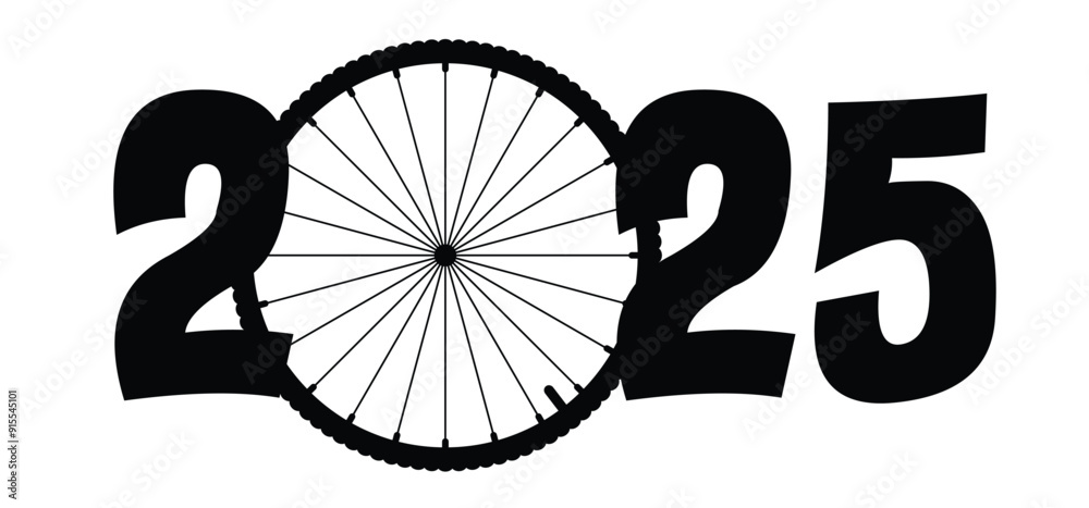 Happy new year 2025. Cartoon cycling wheels line pattern. Sport icon ...