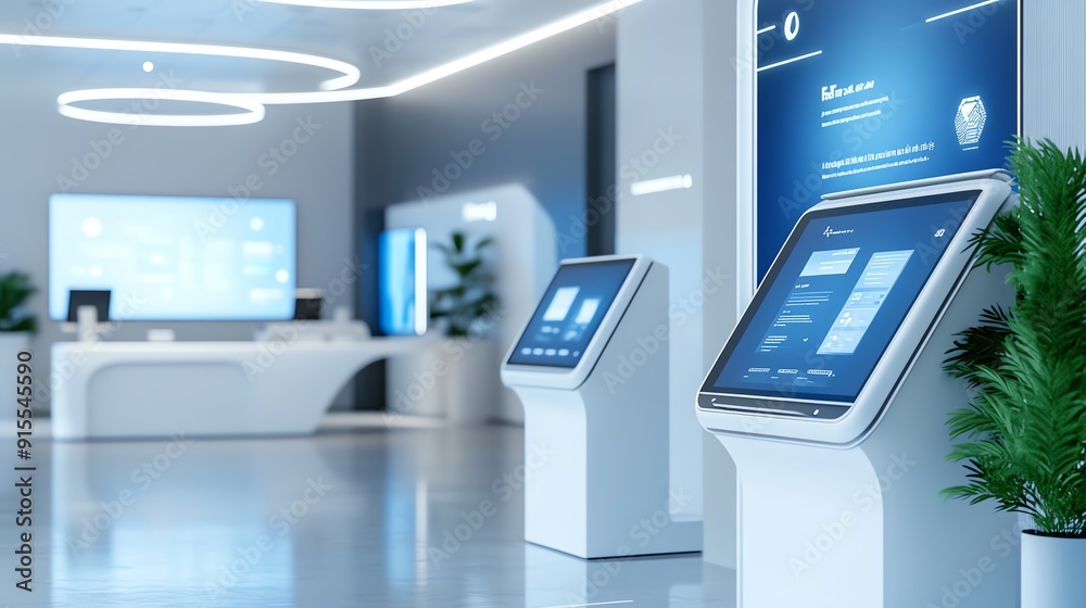 Modern futuristic office lobby with digital kiosks and reception desk. Stock Photo | Adobe Stock