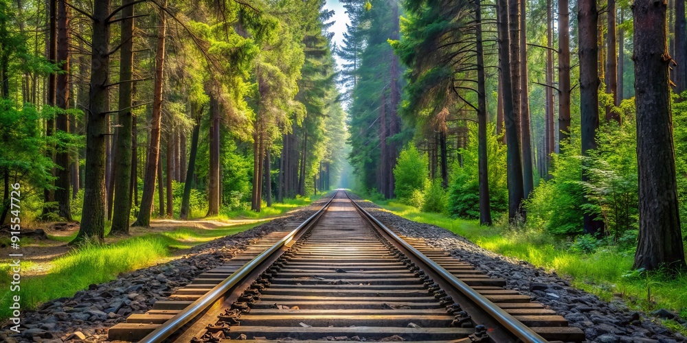 Rustic iron railway tracks disappear into a serene forest landscape ...