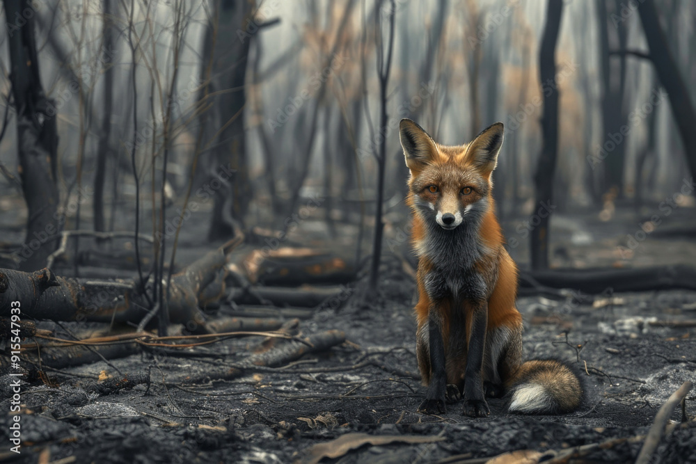 A tired fox is sitting in the middle of a burned forest. Wild forest fire. Wild animal in the ...