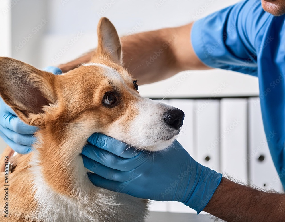 Pembroke Welsh Corgi during checkup at vet clinic, male veterinarian ...