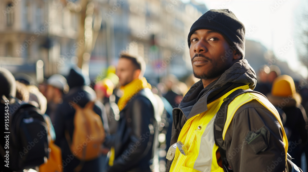 African american man traffic police officer patrol city street. crowd ...