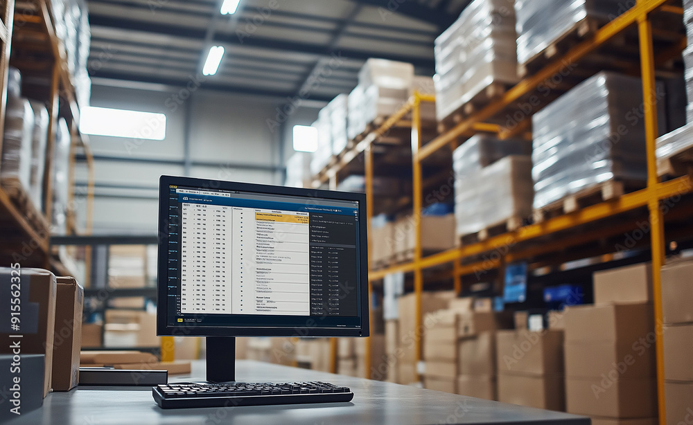 Computer monitor displaying inventory charts in a large warehouse with ...