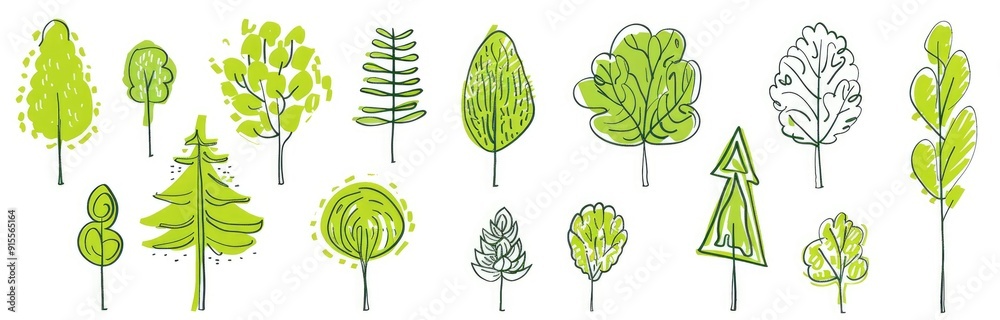 A continuous line drawing of trees in various shapes and sizes, each ...