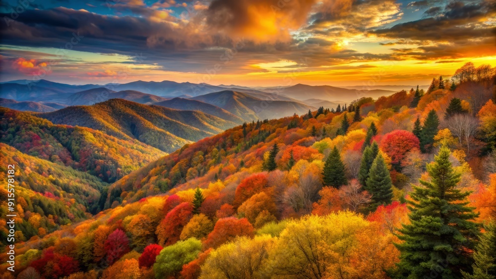 Vibrant fall colors of red, yellow, orange, and golden hues illuminate ...