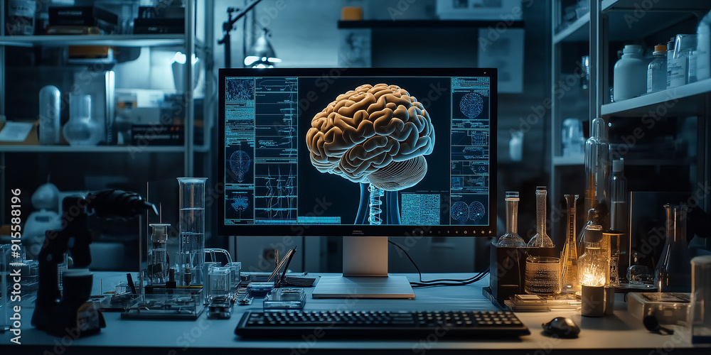 Programming the Human Brain. A computer screen displays a 3D model of a ...