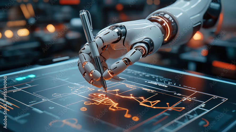 Robotic hand holding a pen, writing on an interactive digital screen ...