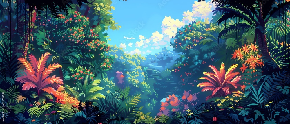 8bit jungle scene, dense foliage and vines, colorful and lively pixel ...