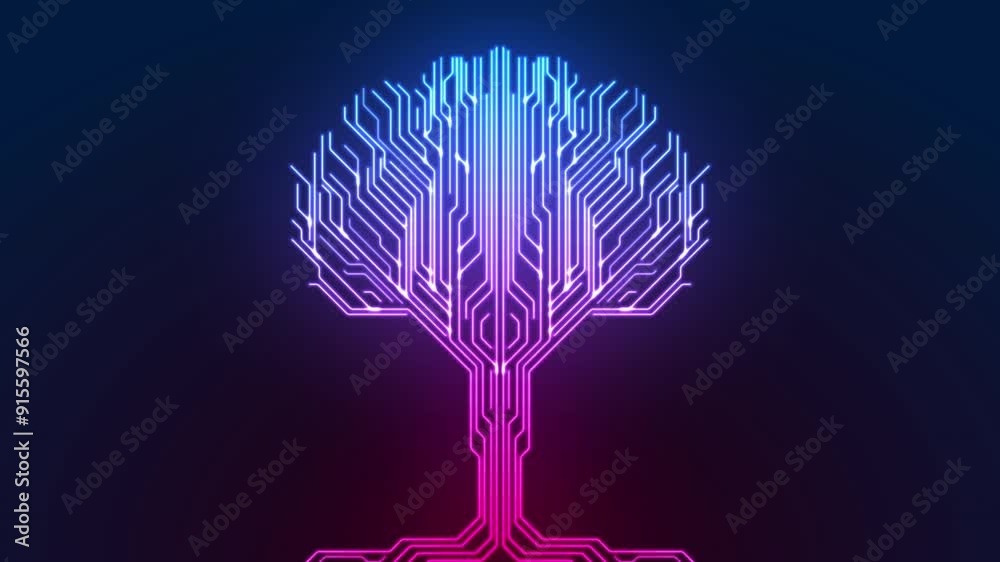 Circuit board neon lines pattern in the shape of the tree abstract ...