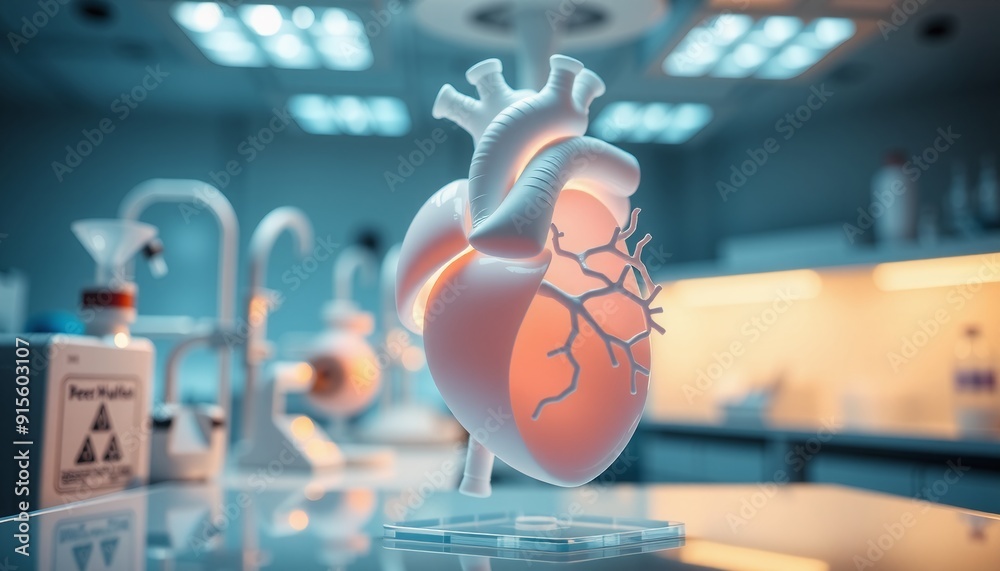 visually rich image of a 3d-printed organ in a sterile lab illuminated ...