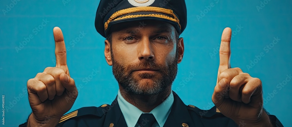 Airplane pilot with index fingers pointing upwards promoting a product ...