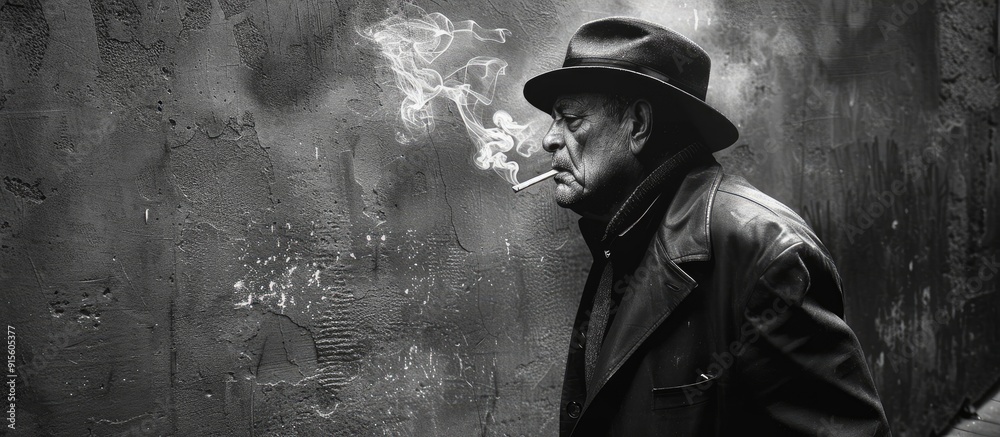 Jewish gangster smoking a cigarette against an artistic wall in the ...