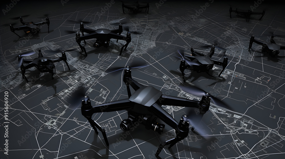 High-Tech FW Drones Displayed Over Digitized Geolocation Map: Advanced ...