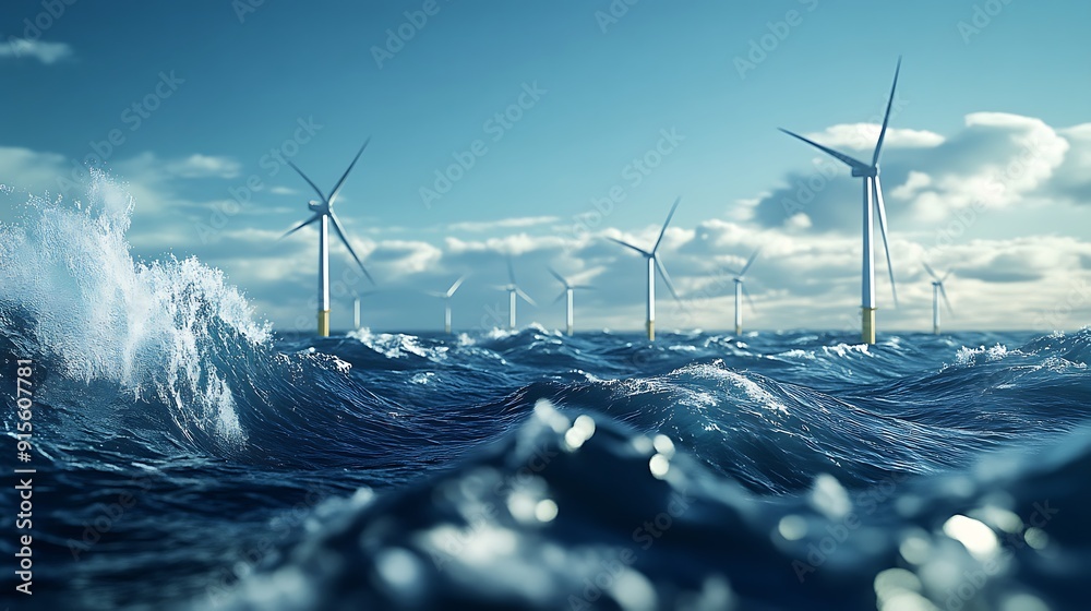 Detailed Photograph of Offshore Wind Power Plant with Turbines Anchored ...