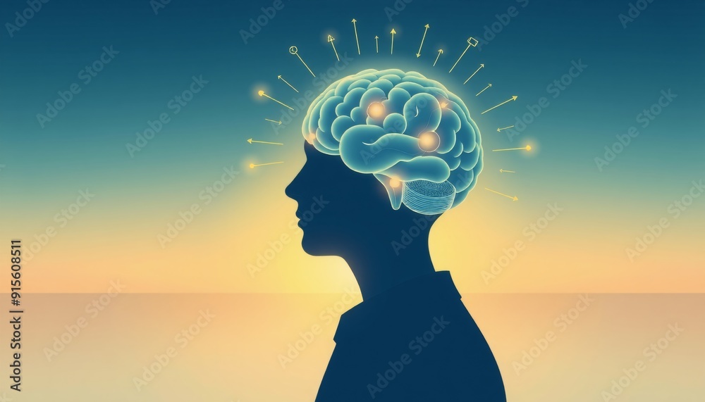 vector illustration of a person with an illuminated brain symbols of ...