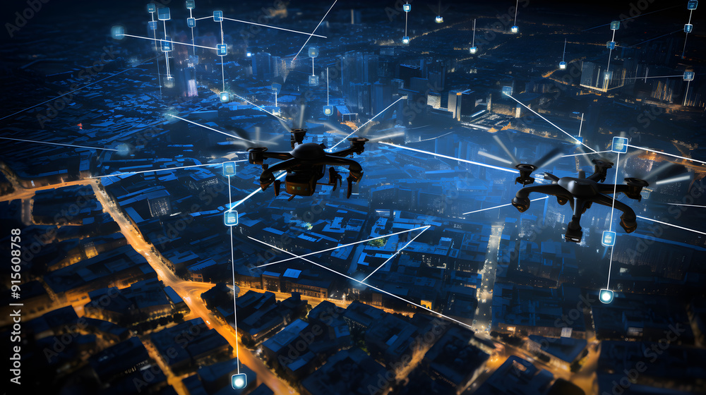 High-Tech FW Drones Displayed Over Digitized Geolocation Map: Advanced ...