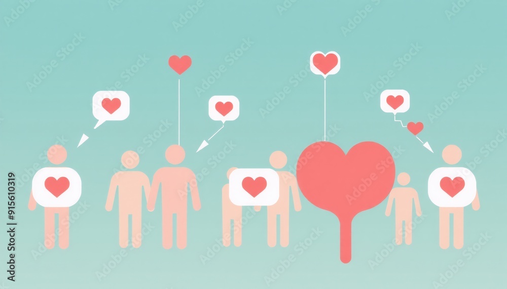 Vector Design Of Interconnected Figures With Shared Speech Bubbles And Heart Icons Symbolizing