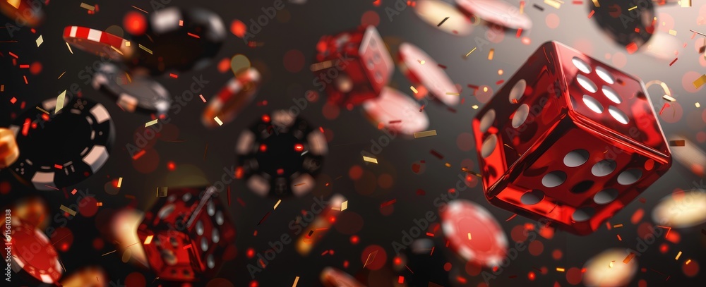 Red dice and casino chips flying on dark background with golden ...