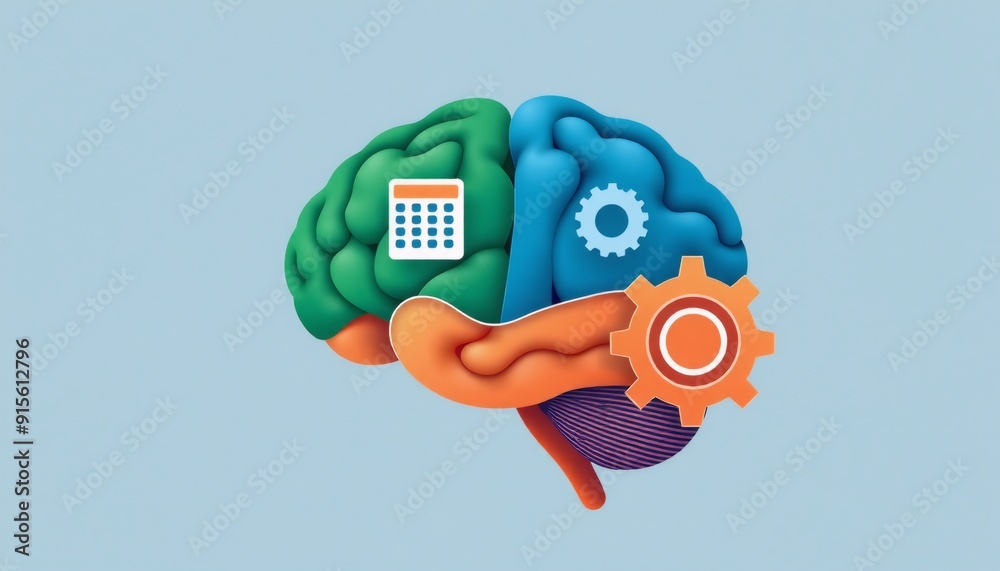 vector illustration of a human brain divided into sections with icons a ...