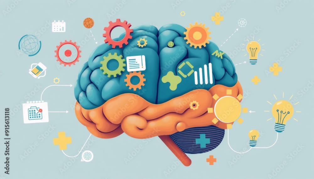 vector illustration of a brain with segmented areas analytical gears ...