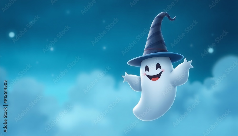 Smiling 3D cartoon ghost in a tall spiked witch s hat drifting through ...