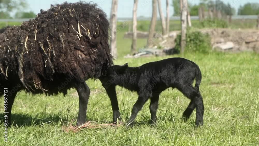 A newborn lamb approaches its mother sheep, which has thick, tangled ...