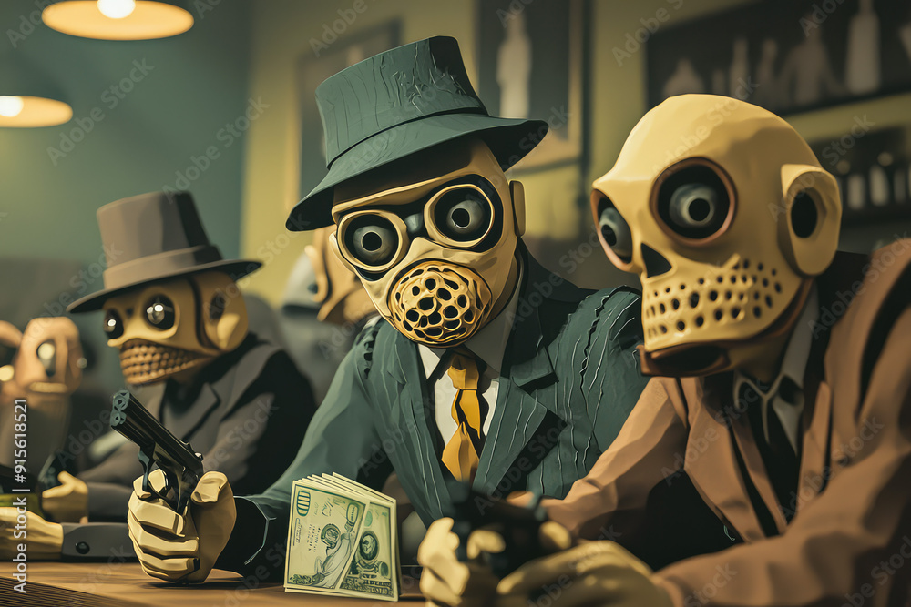 Intense heist: masked robbers with guns and money create an atmosphere ...