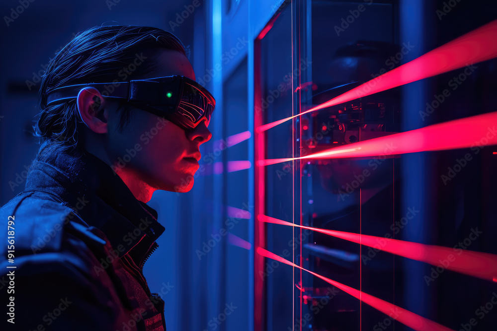 A master thief in futuristic gear bypasses red laser security in a high-stakes, high-tech heist ...